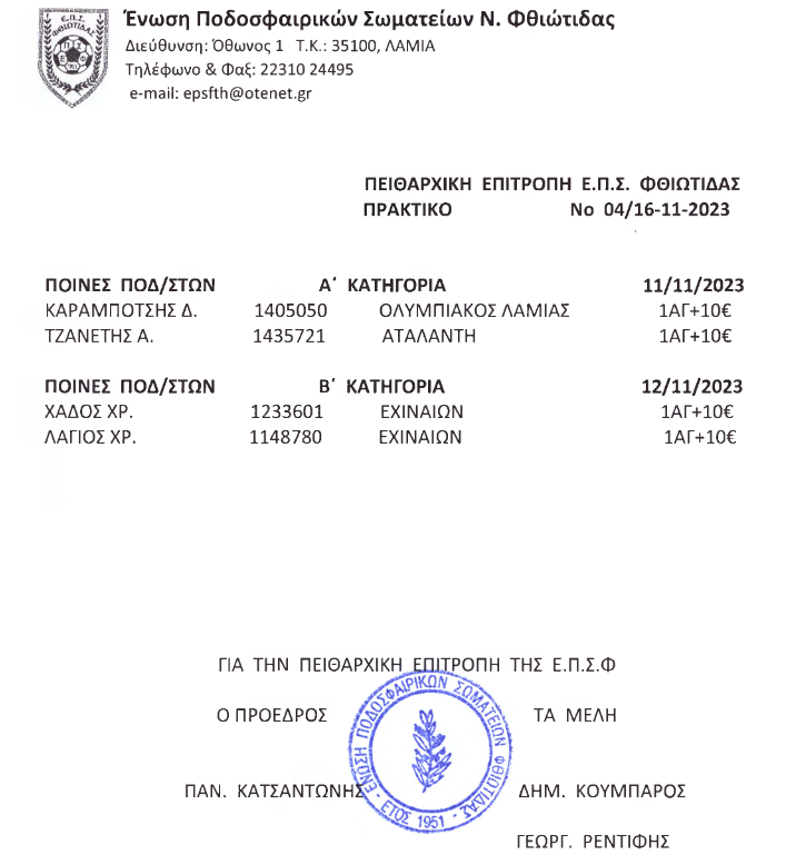 Ποινές ποδοσφαιριστών από την ΕΠΣ Φθιώτιδας (16/11) - STARSPORTS.GR