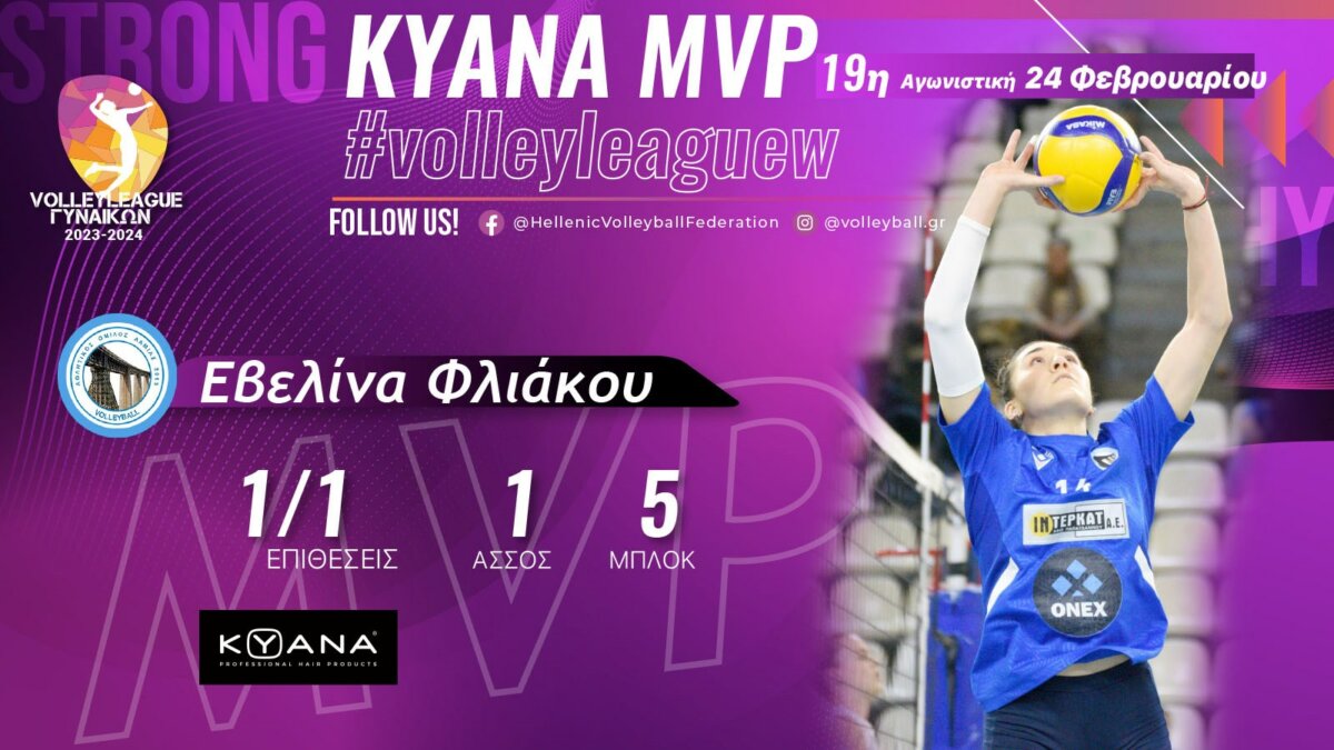 Η Εύη Φλιάκου KYANA MVP της 19ης αγωνιστικής της Volley League Γυναικών ...